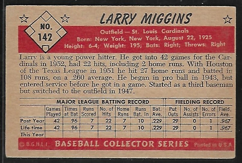 1953 Bowman Color High #142 Larry Miggins RC St. Louis Cardinals ...