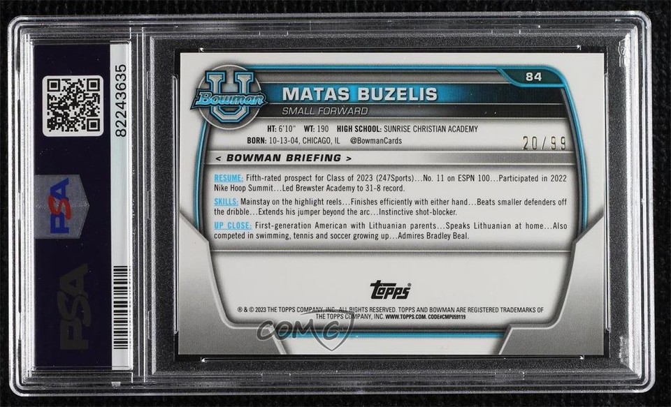 2022-23 Bowman U Chrome Green Lava Refractor /99 Matas Buzelis #84 PSA ...