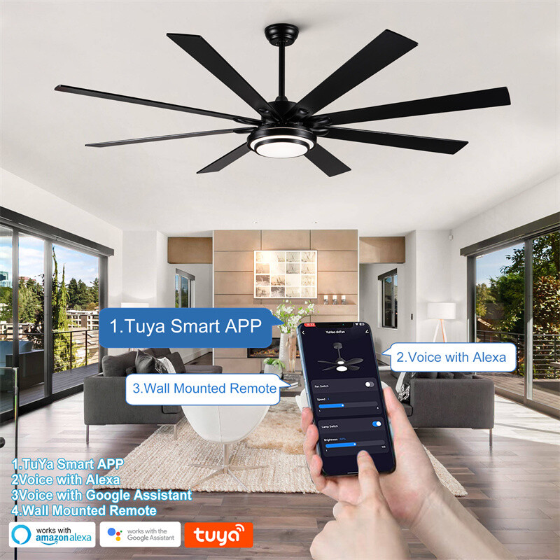 72In Modern Large Smart Ceiling Fan Matte Black w/LED Light & RC Indoor ...