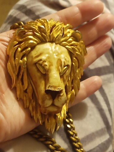 70s Luca Razza Lion Head Pendant Necklace Large Gold Tone Vintage Leo ...