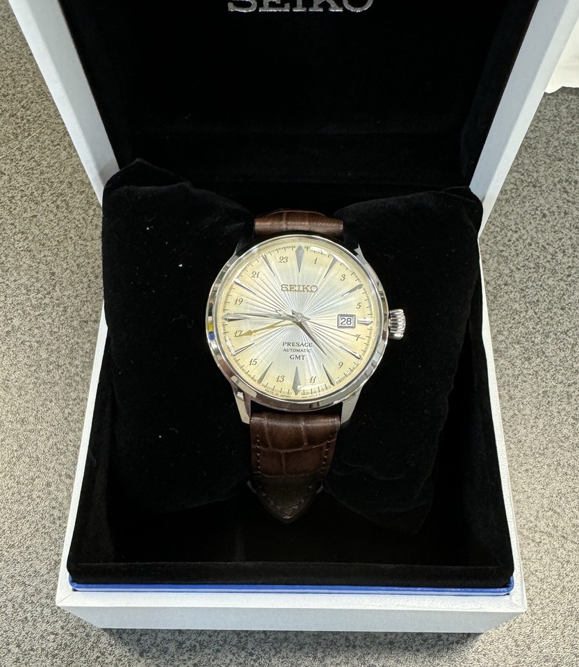 Seiko Presage GMT Cream Dial Cocktail Time Brown Leather Band Men’s ...