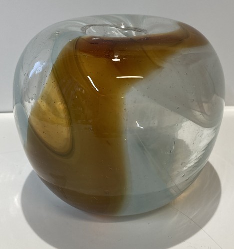 Signed Handblown Clear/Amber glass Paperweight controlled Bubbles ...