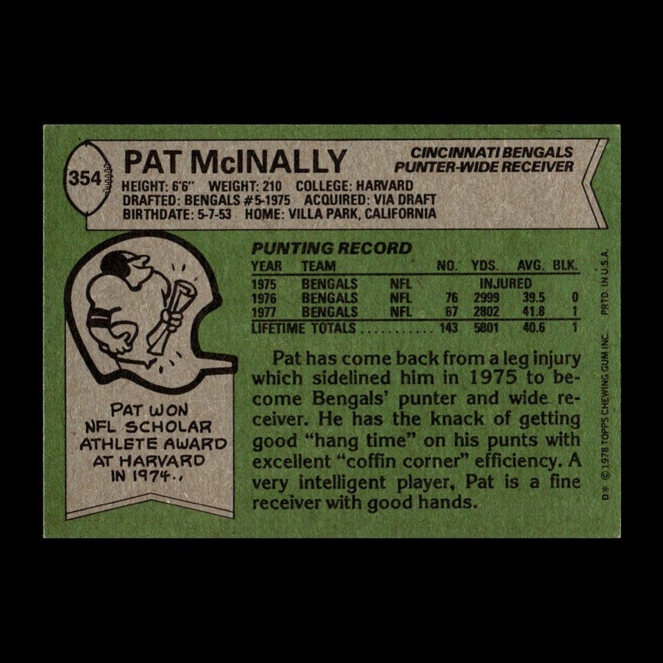 Pat McInally 1978 Topps Cincinnati Bengals #354 R309B 1 | eBay