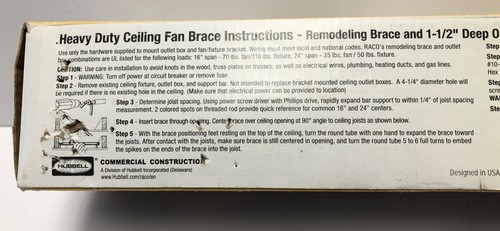 NIB Hubbell Raco #936 Ceiling Brace & Box Kit Ceiling Fan Rated ...