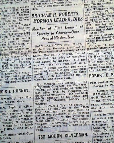B. H. ROBERTS Church of Latter Day Saints MORMON Leader Death 1933 Old ...