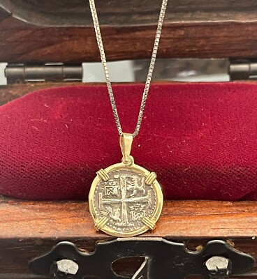Atocha Silver Coin Pendant In 14kt Gold Bezel With 925 Silver Chain 20 ...