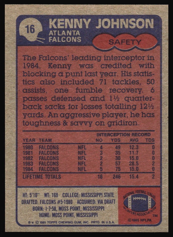 1985 Topps Kenny Johnson #16 Atlanta Falcons | eBay