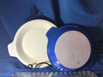 Technique stoneware Round Ceramic Bakers pie pan blue +cream handled 12 ...