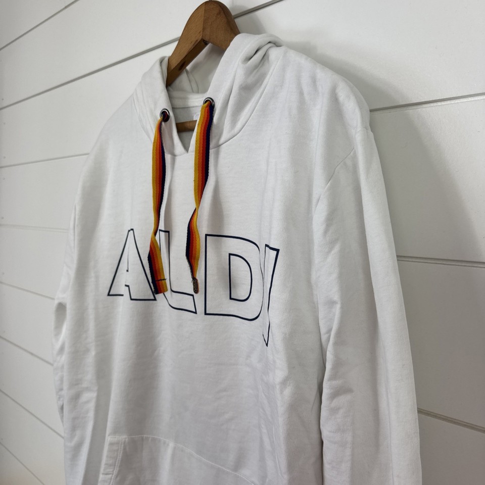 Adult Unisex ALDI Rainbow Logo Hoodie Pullover Sweatshirt White sz L ...