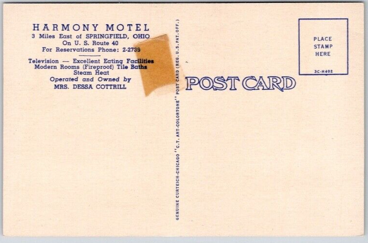 SPRINGFIELD, OHIO ROADSIDE AMERICA POSTCARD Harmony Motel, U.S.40 | eBay