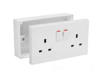 White 2 Gang Twin Double 13 Amp Wall Socket + 25mm Surface Pattress ...