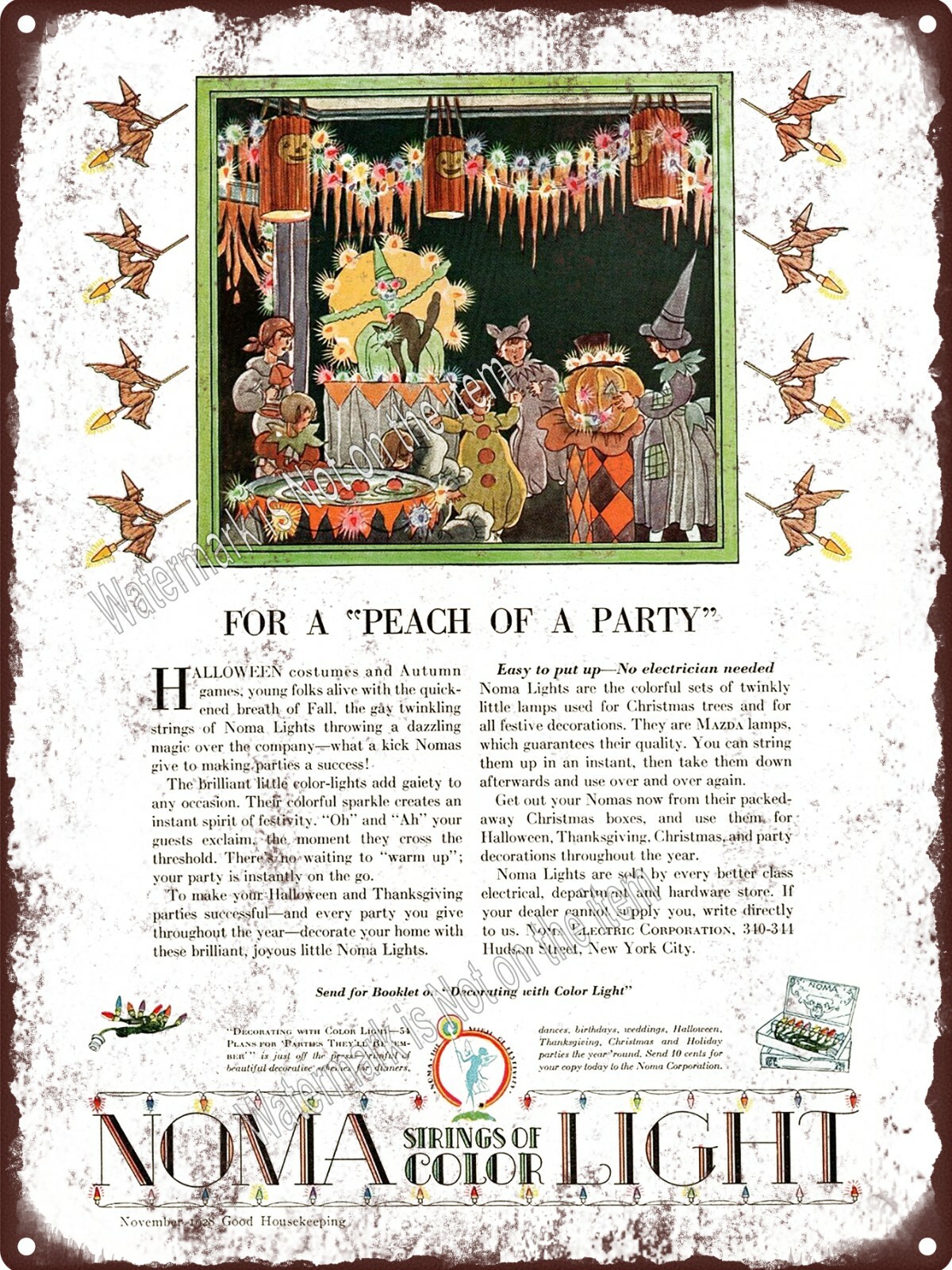 1928 Noma Lights Halloween Ad Strings Of Color JOL Witch Metal Sign ...
