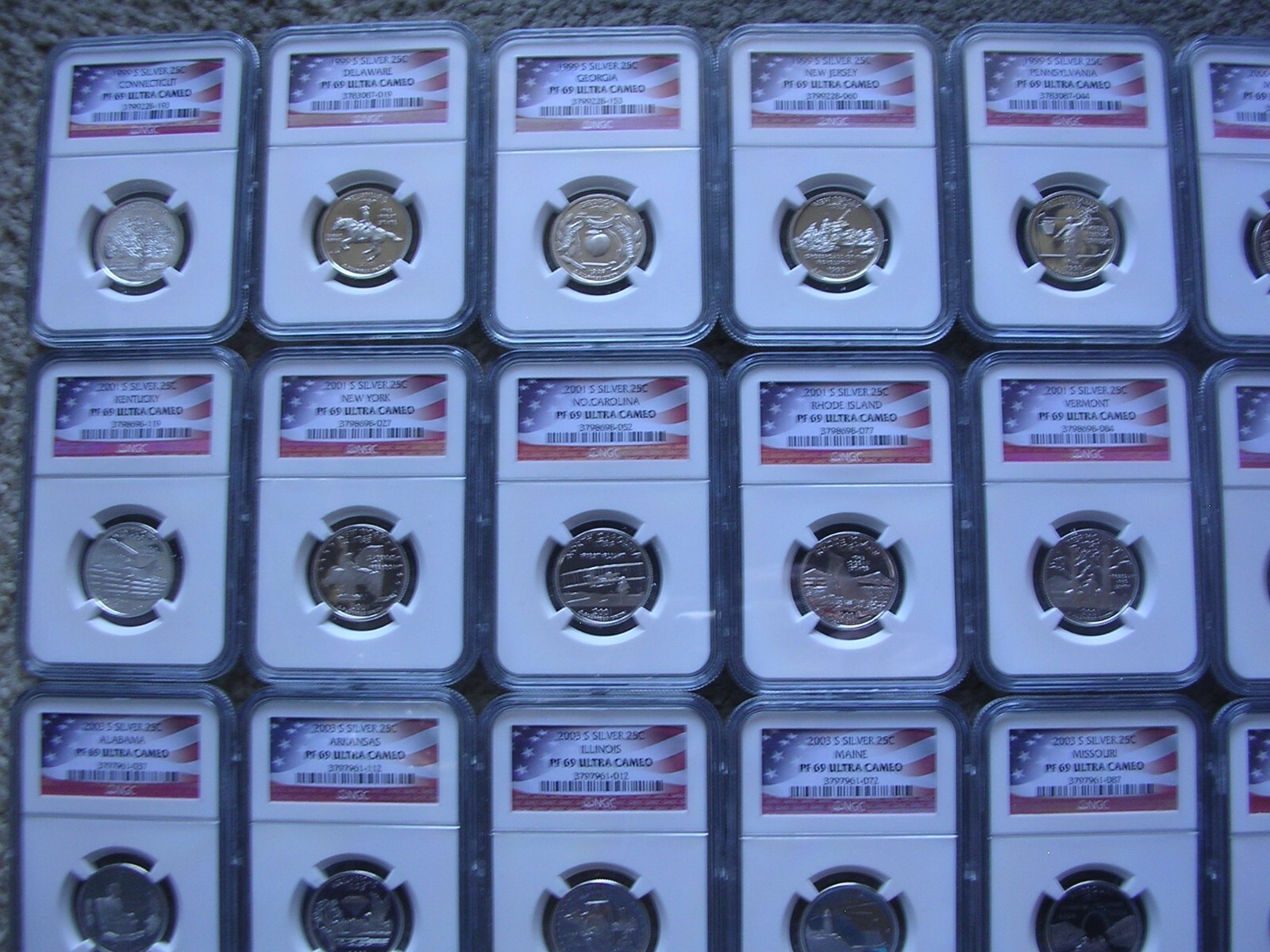 COMPLETE SET 1999-2008 NGC PF69 ULTRA CAMEO SILVER PROOF STATE QUARTERS ...