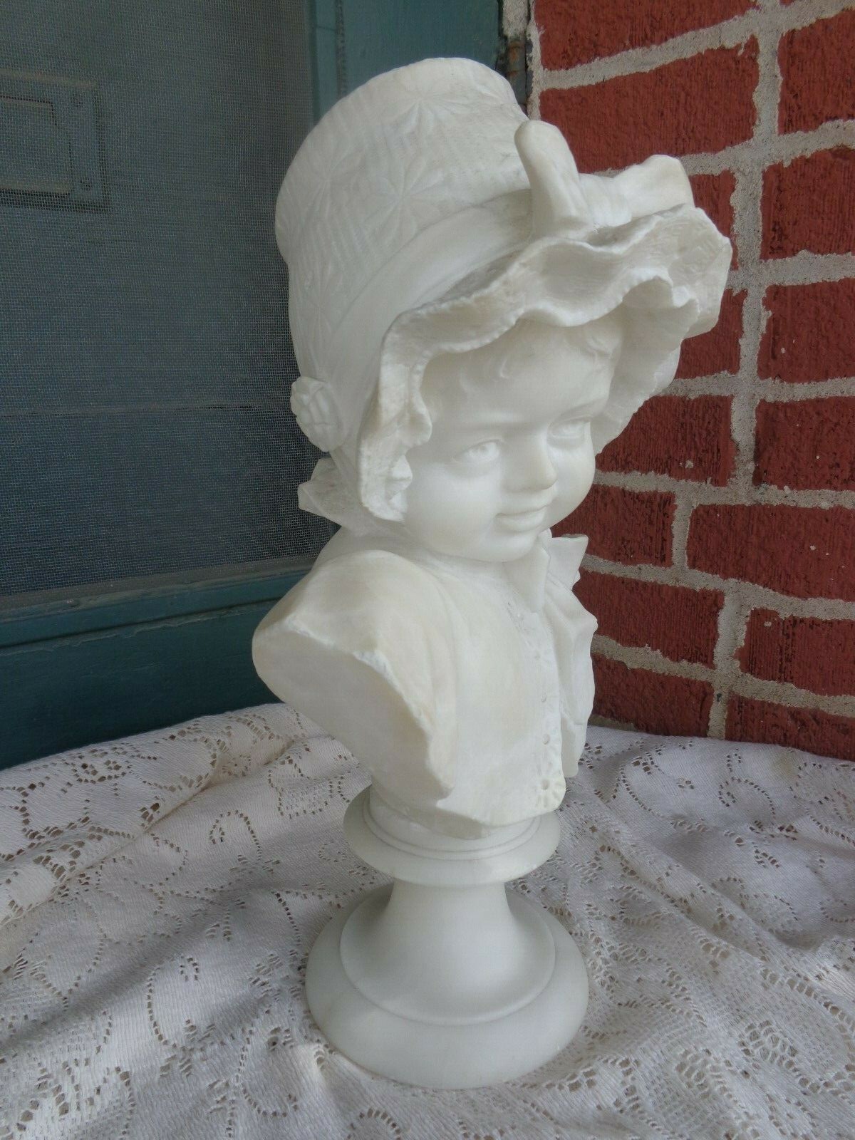 ANTIQUE VICTORIAN 19th C HAND CARVED ALABASTER GIRL BONNET CHILD BUST ...