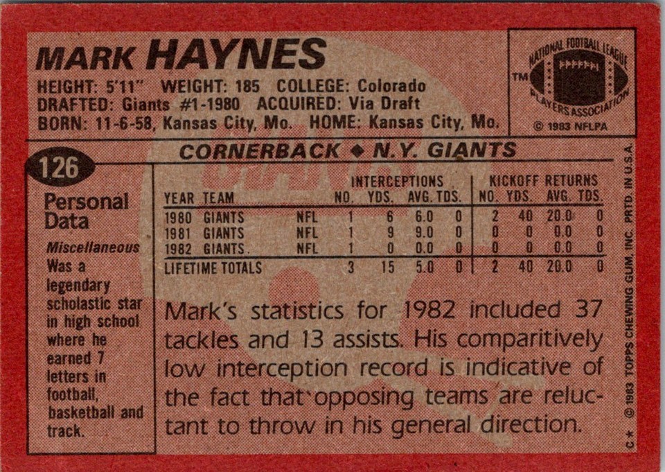 1983 Topps Mark Haynes #126 New York Giants Football Card | eBay
