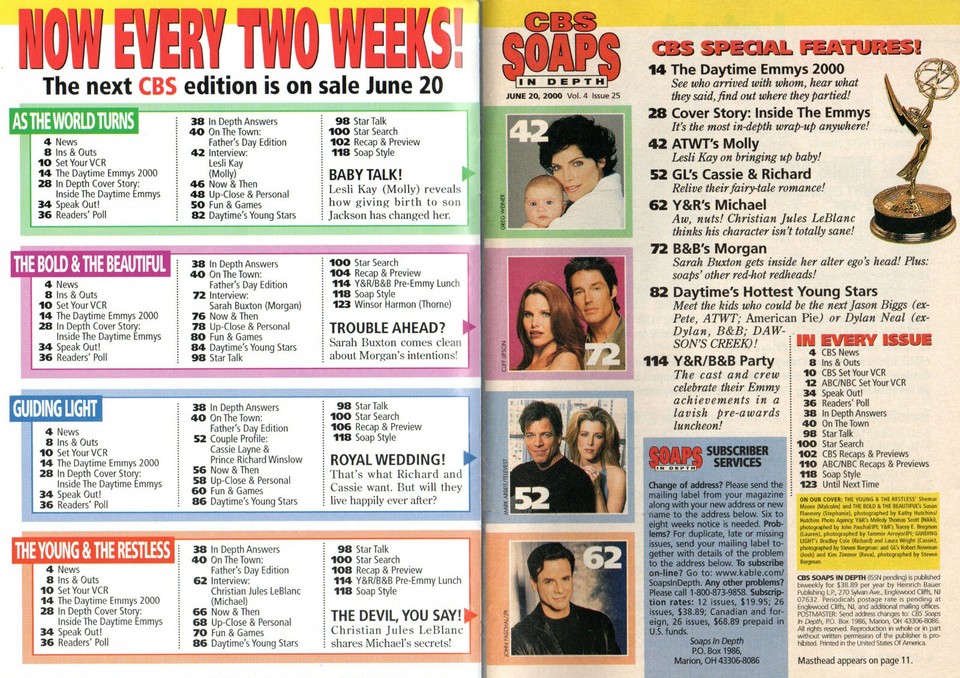 CBS SOAPS IN DEPTH Magazine June 20 2000 Emmy Winners & Losers ...