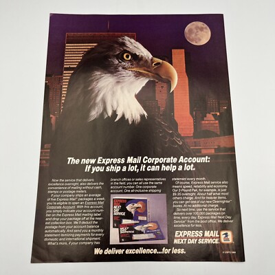 US Mail Express Mail Next Day 1984 Vintage Print Ad 8"x11" USPS bald ...