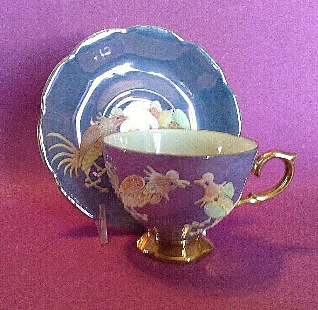 Shafford Luster Pedestal Teacup And Saucer - Raised Moriage Roosters ...