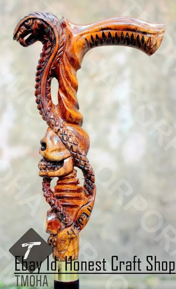 Hand Carved Wooden Snake Handle Walking Stick Hand Walking Cane Cobra ...