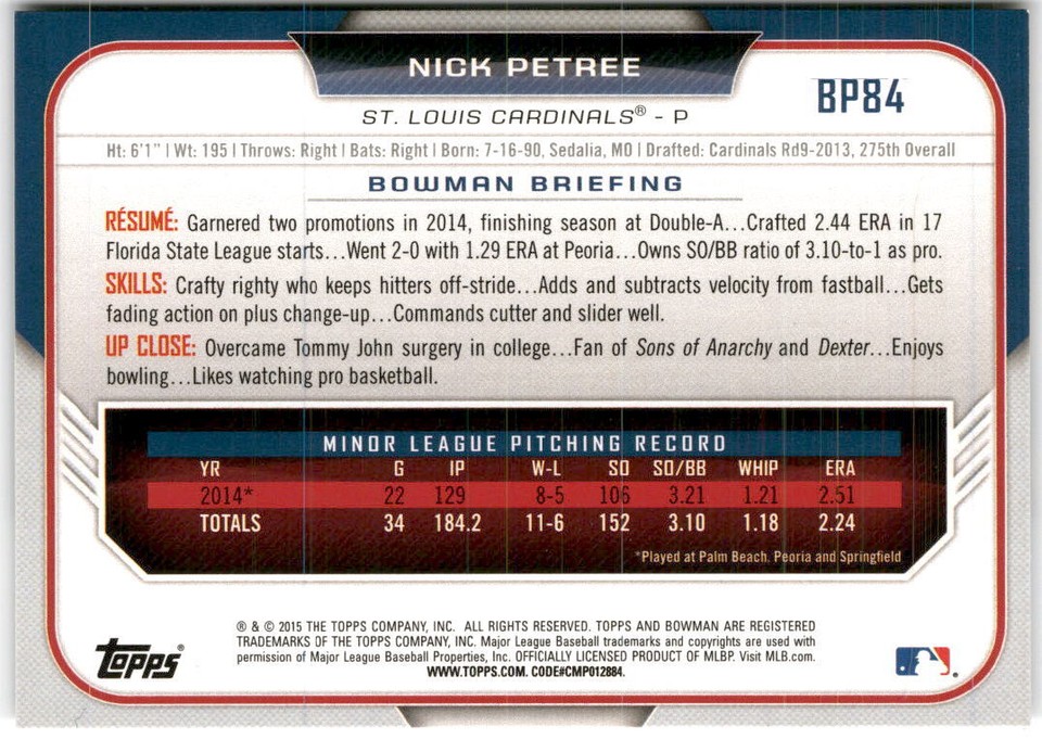 2015 Bowman 1st Nick Petree RC #BD 84 St. Louis Cardinals Baseball | eBay