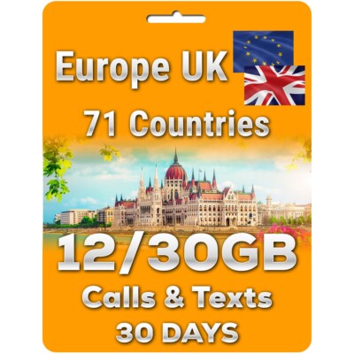 Europe UK Travel Prepaid Sim Card, 12/30GB data, Unlimited Calls & SMS ...