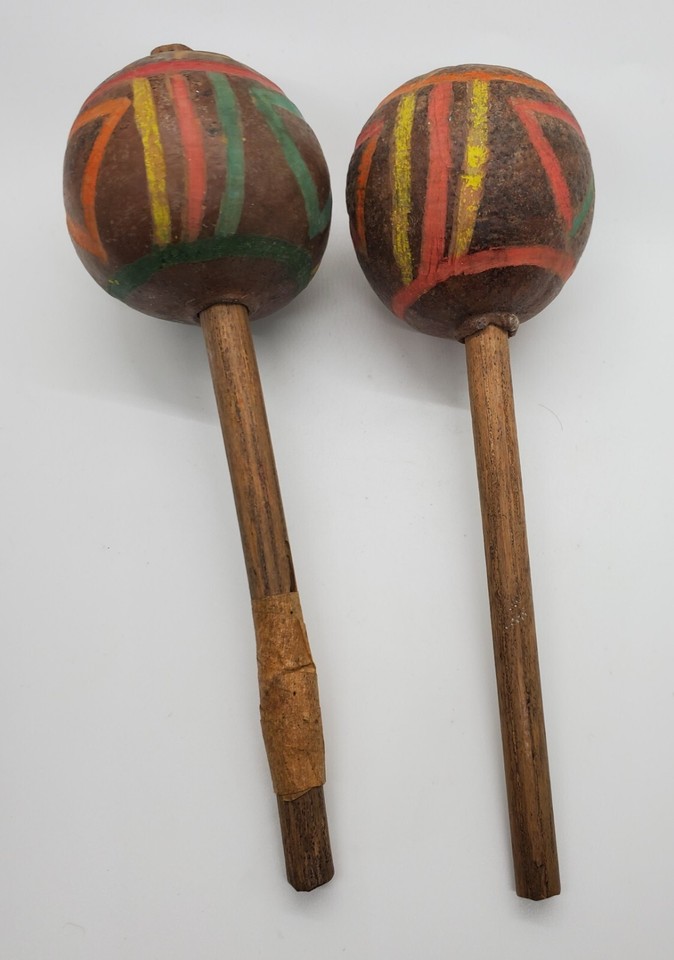 Vintage Hand Carved Painted Jamaican Coconut Shell Maracas Percussion ...