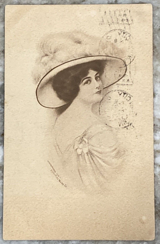 Fancy Lady in Feathered Hat Artist J. Knowles Hare Sepia DB Art ...