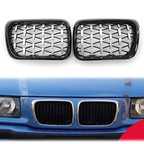 Front Grill Latest Style Shiny Black Frame Diamond Fits BMW E36 3 ...