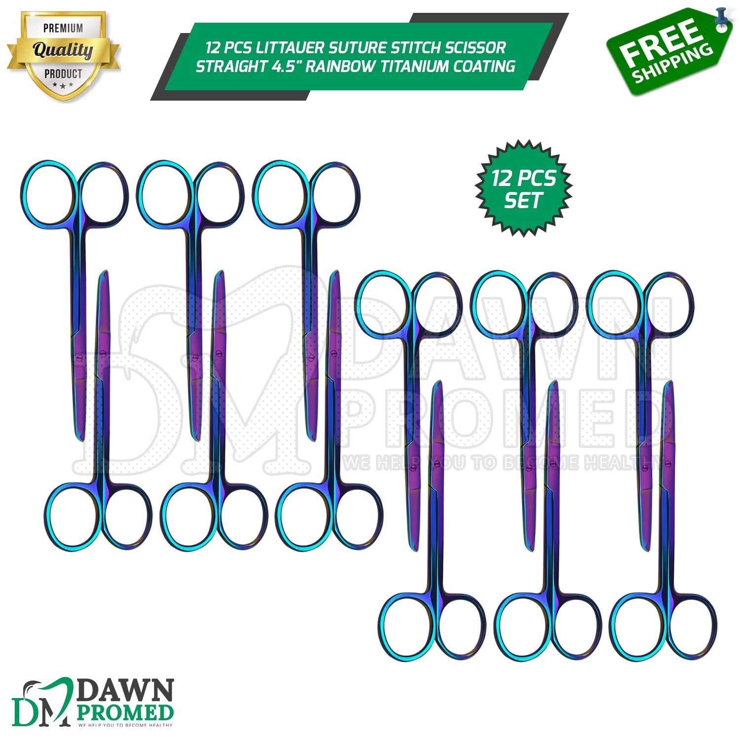 12 Pcs Littauer Suture Stitch Scissor Straight 4.5" Rainbow Titanium ...