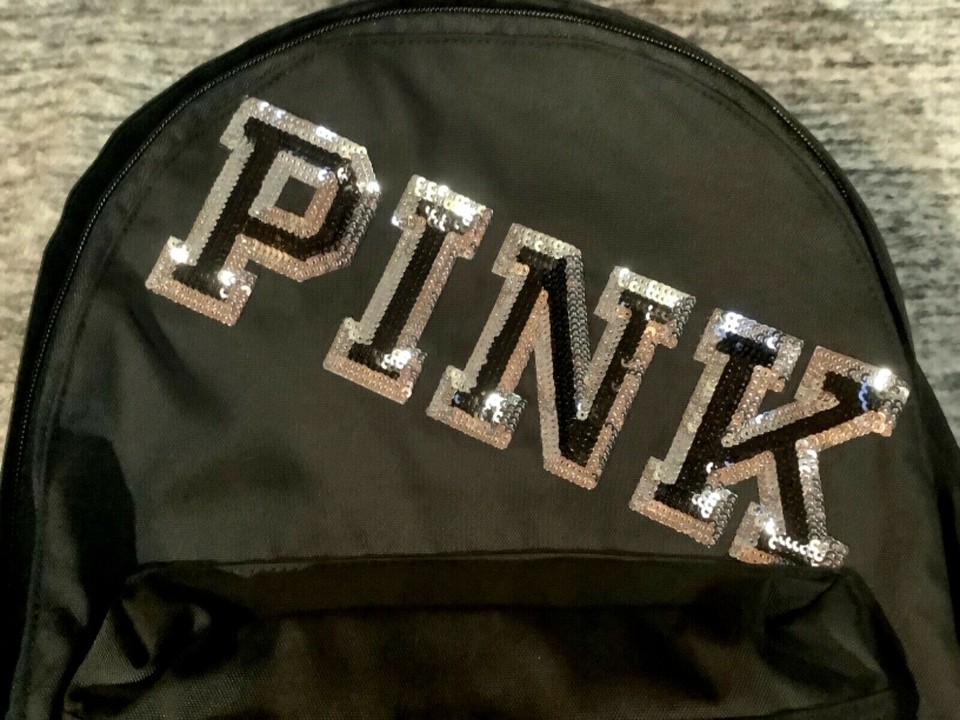 Victoria's Secret Pink Bling Campus Backpack Black Silver Sequins Logo ...