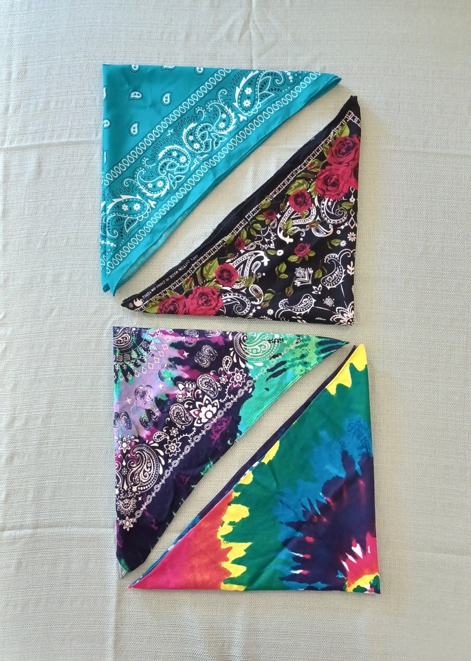 Lot Of 4 Colorful Bandanas Paisley, Tie Dye, & Roses Hippie Rock Scarfs ...