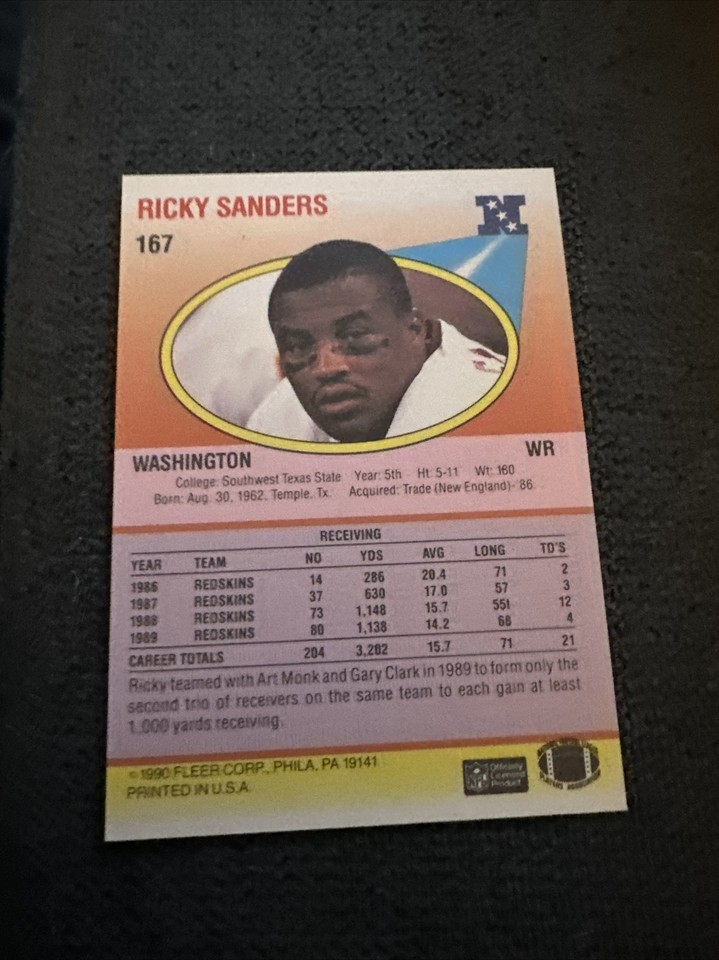1990 Fleer #167 Ricky Sanders Washington Redskins Football Card | eBay