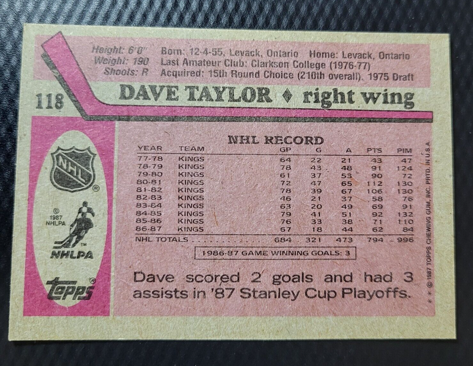 1987-88 Topps DAVE TAYLOR Los Angeles Kings Hockey NHL Career Stats ...