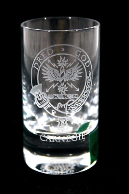 COLLINS CRYSTAL SCOTLAND SHOT GLASS ETCHED CLAN NAME & CREST - CARNEGIE ...
