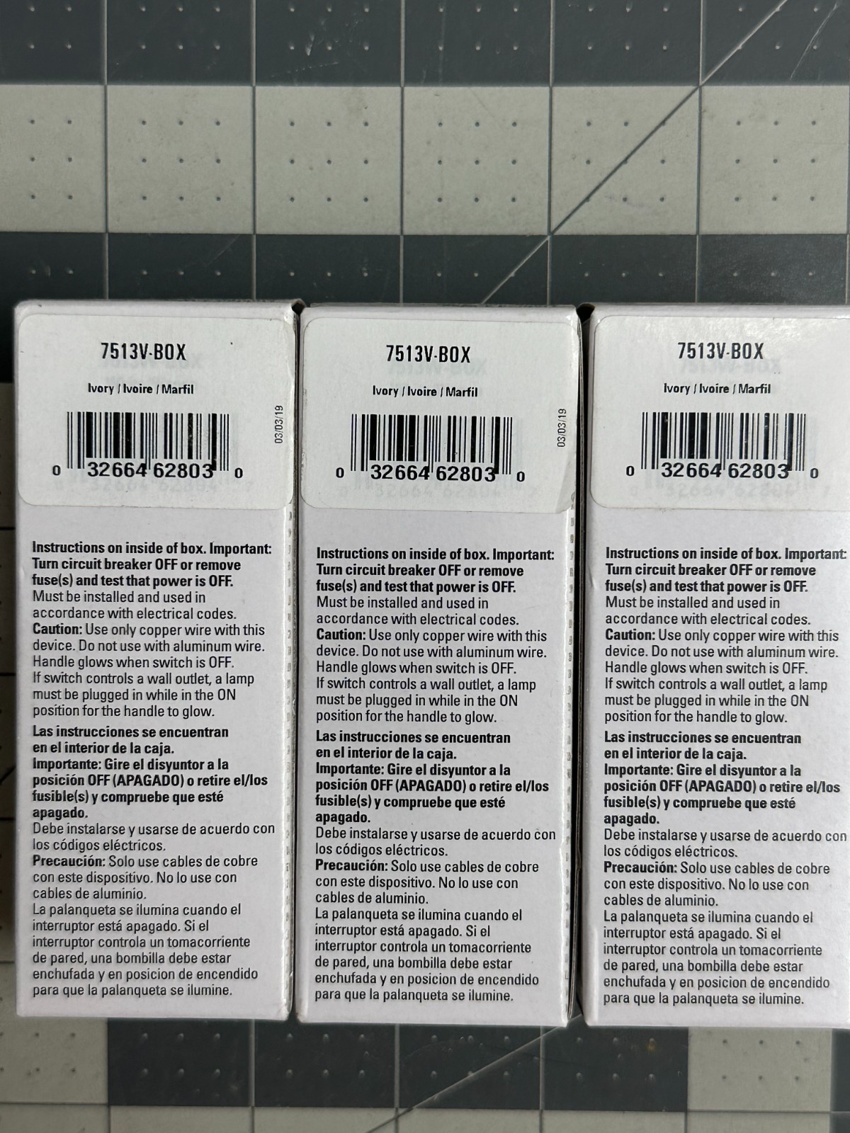 3-pack lot Eaton Cooper 7513V rocker lighted illuminated Switch 3-Way ...