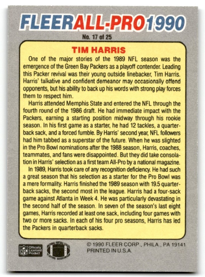 1990 Fleer All-Pro Tim Harris Green Bay Packers #17 | eBay