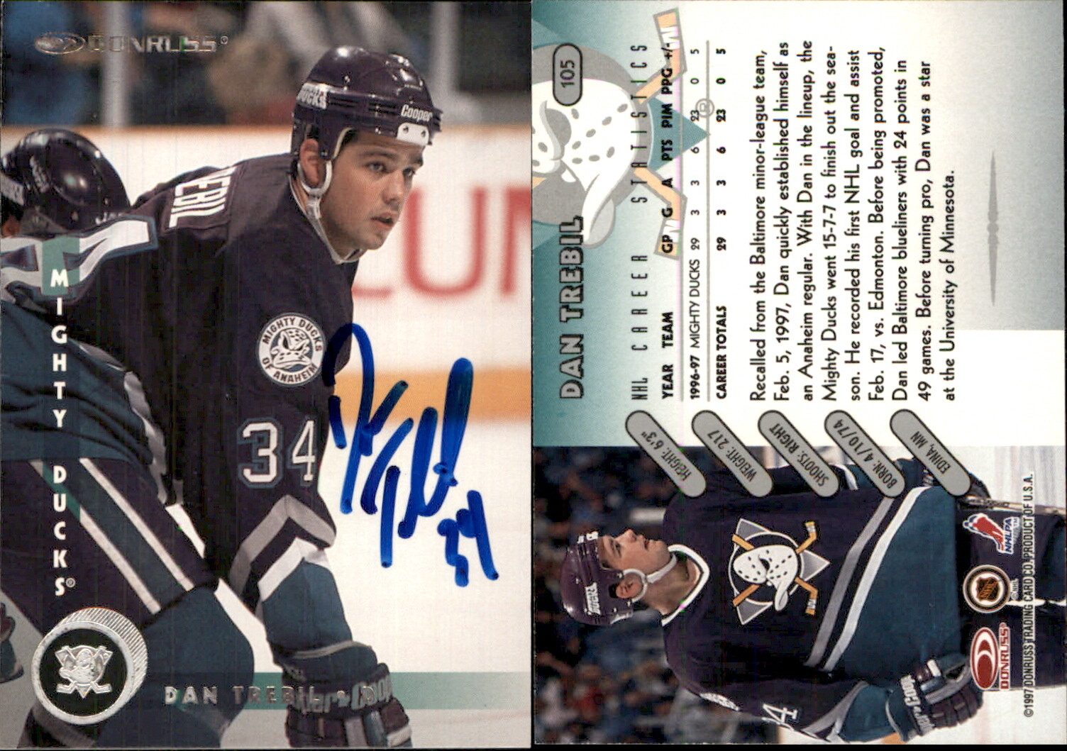 Dan Trebil Signed 1997-98 Donruss #105 Card Anaheim Mighty Ducks Auto ...