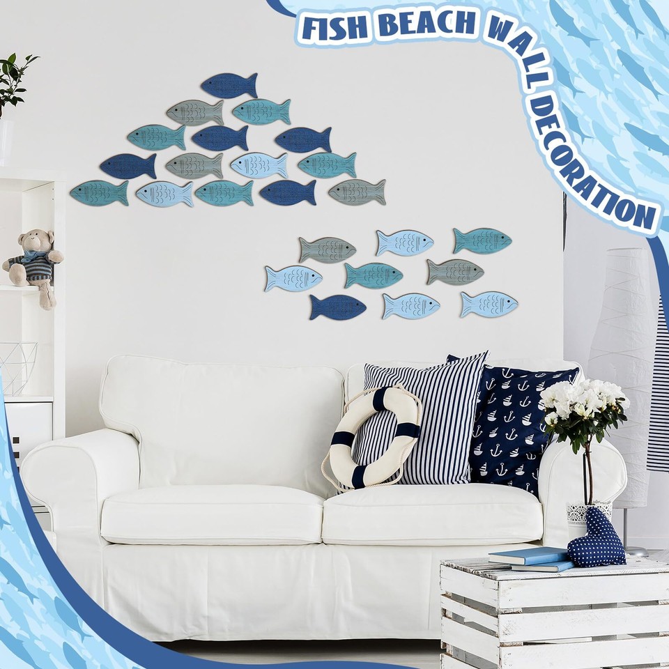 24 Pcs Wooden Fish Wall Decor Nautical Beach Wall Decor, Wooden Fish ...