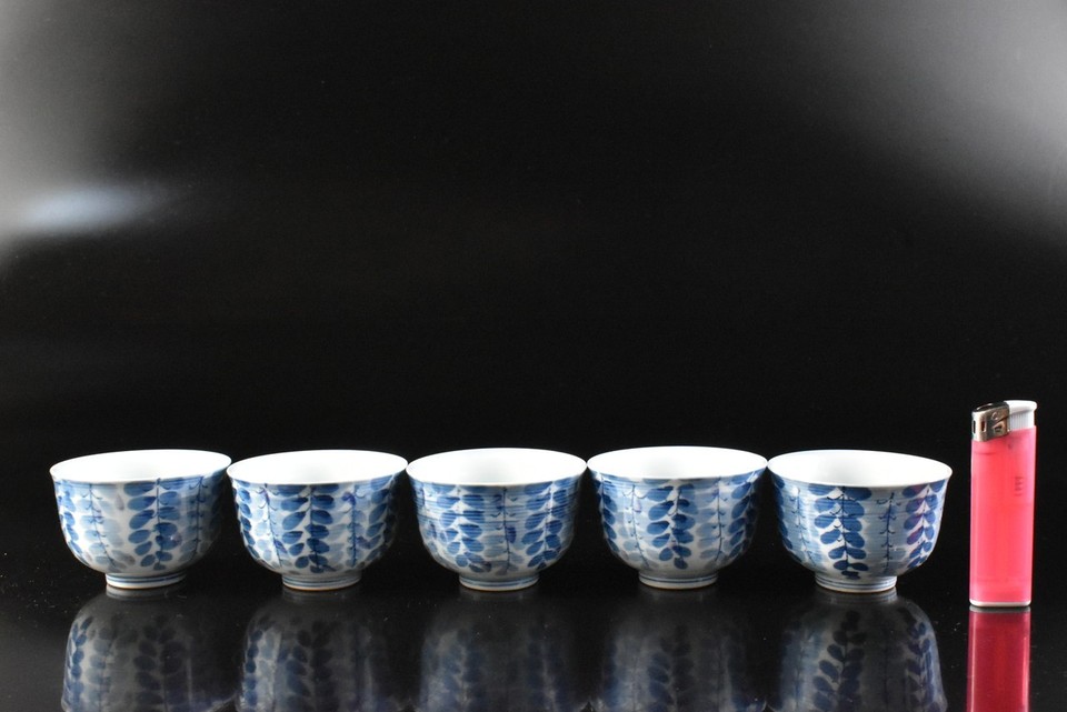 T338: Japanese Arita-ware Blue&White Flower TEA CUP 5pcs, auto w/signed ...