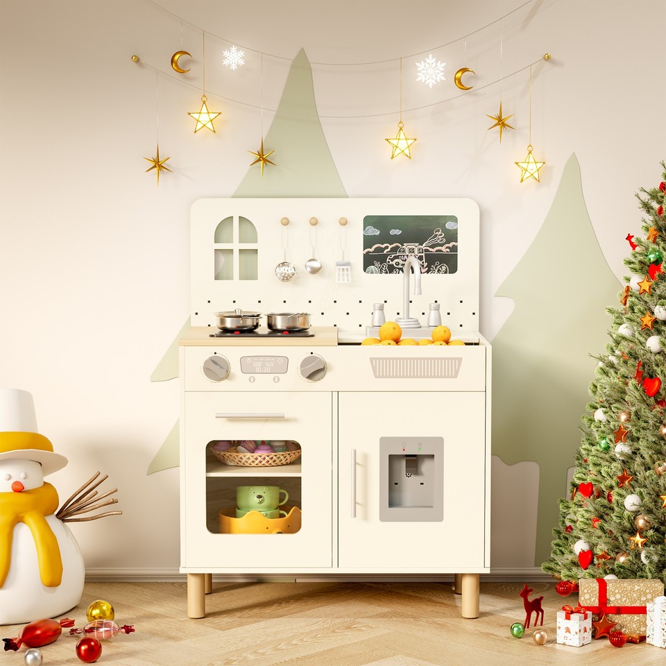 Kids Pretend Play Kitchen Set, Wooden Kitchen Playset with Real Lights ...