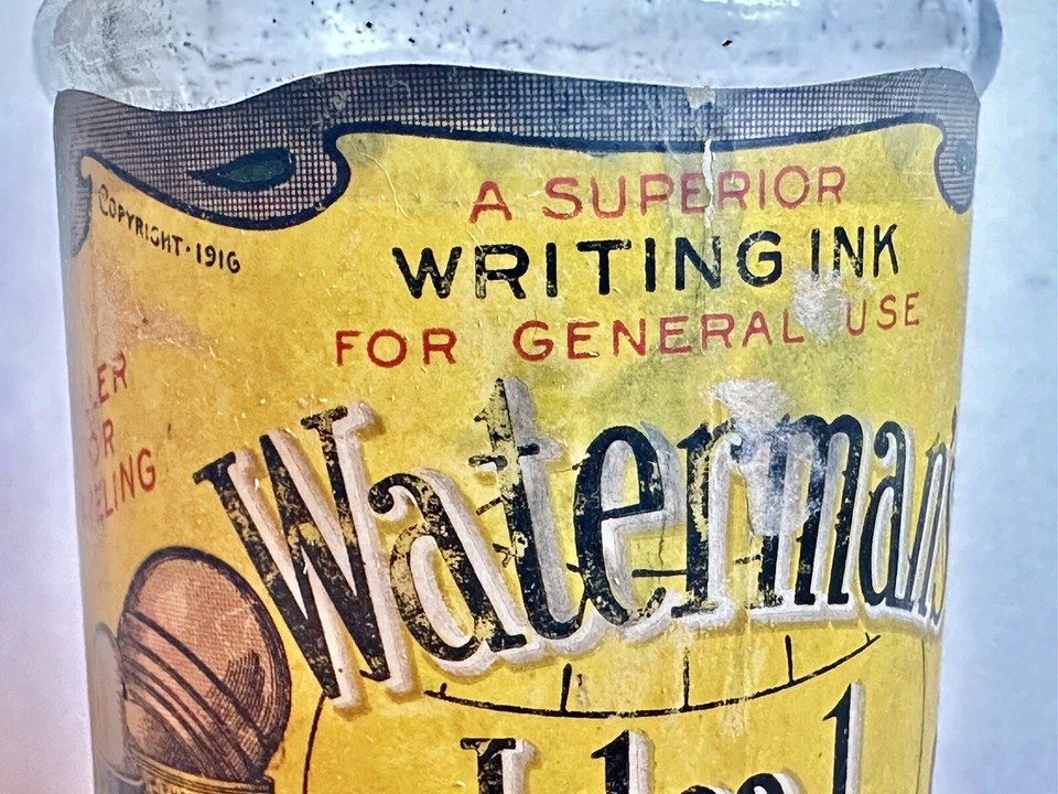1916 Antique Waterman Vintage Ink Bottle Labeled 1/2 PINT Old Writing ...