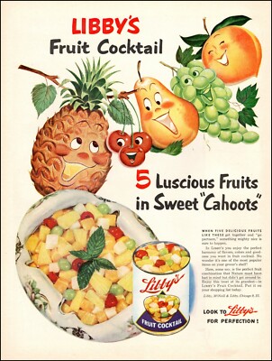 1951 vintage Christmas Ad LIBBYS Fruit Cocktail 5 sweet Fruits , pretty ...