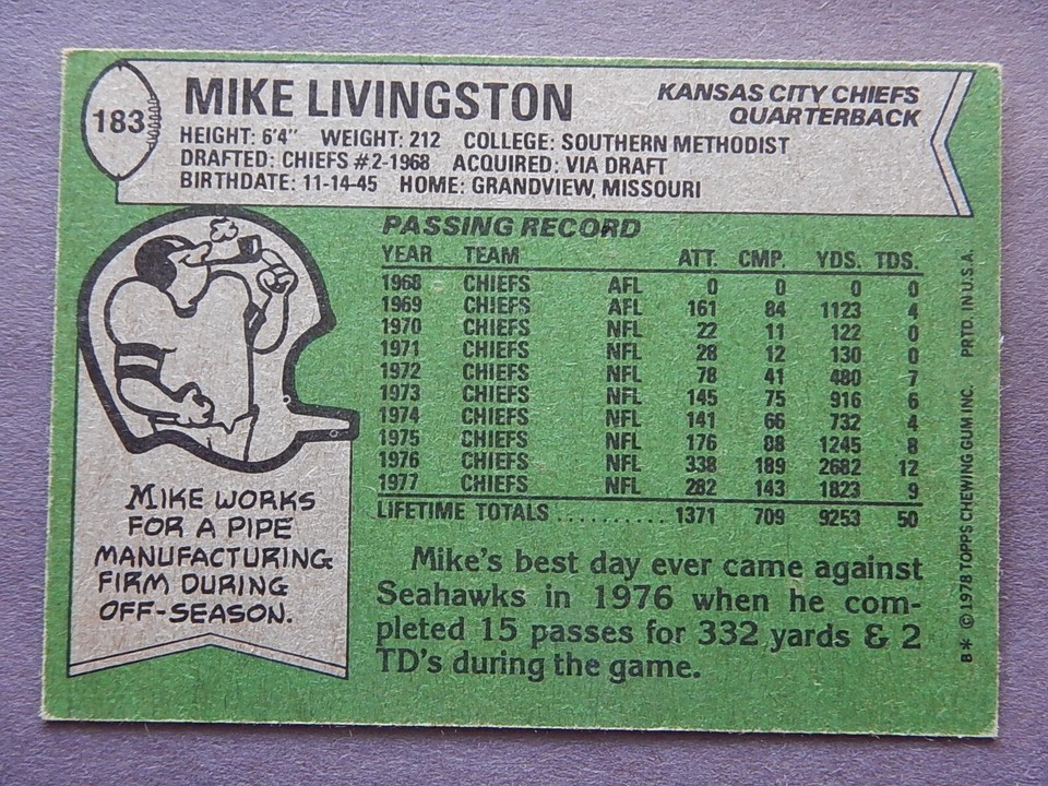 Mike Livingston #183 Topps 1978 Football Card (Kansas City Chiefs) *VG ...