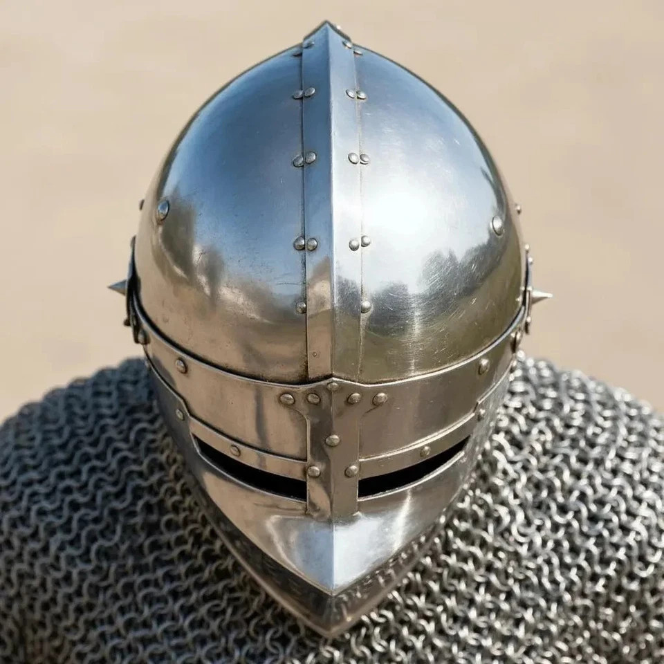 Medieval Bascinet Knight Helmet 18G Steel with Chainmail LARP Combat ...