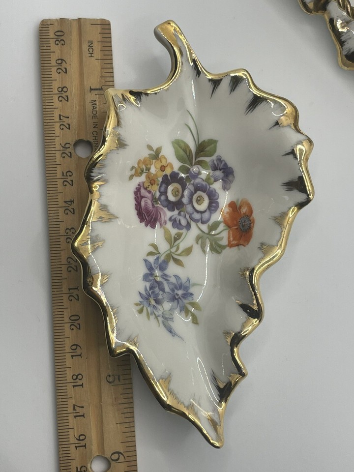 Limoges Leaf Trinket Dish. Pink/Blue Flowers. Gold Rimmed X2 | eBay