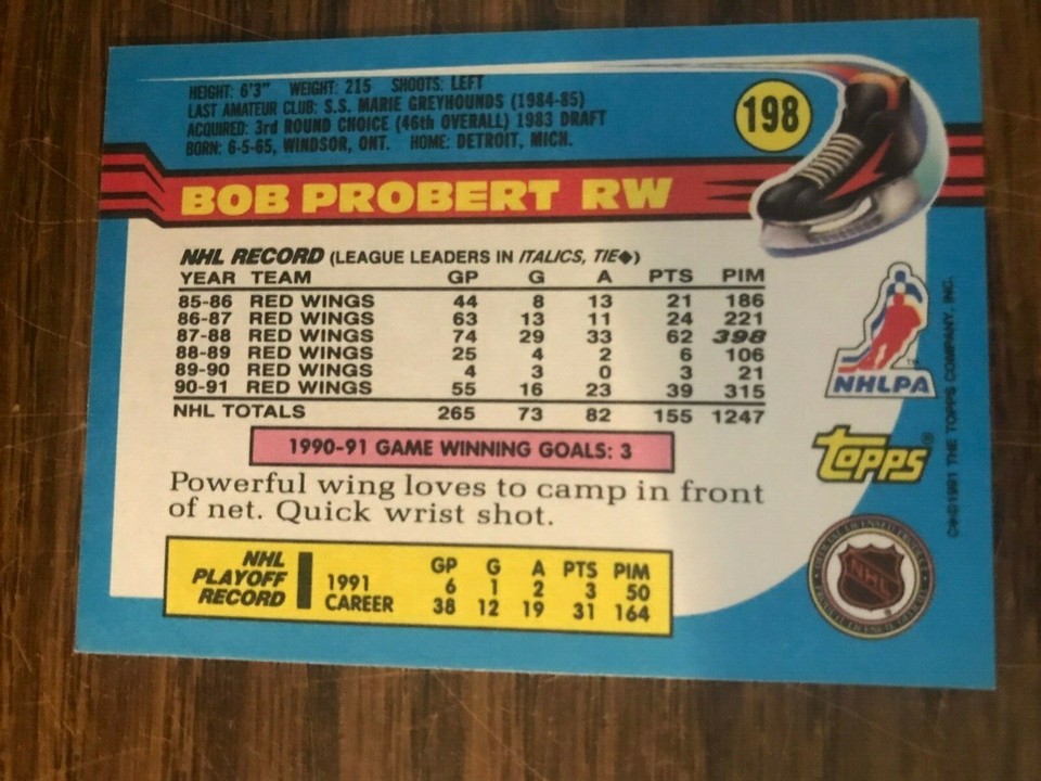 1991-92 Topps #198 Bob Probert Detroit Red Wings NrMt | eBay