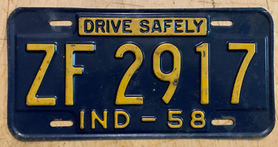 1958 INDIANA DRIVE SAFELY PASSENGER AUTO LICENSE PLATE " ZF 2917 " IN ...