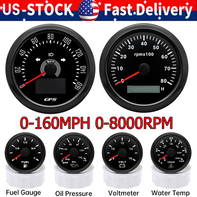 6 Gauge Set 85mm GPS Speedometer 0-160MPH w/tacho & 52mm Fuel Temp Oil ...