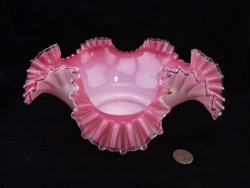 PINK CASED GLASS BRIDES BASKET 11" BOWL WITH RUFFLED EDGES GROUND ...