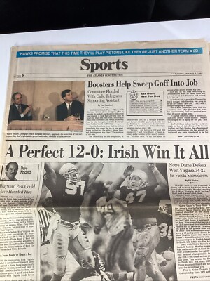 UGA Bulldogs Ray Goff GA Newspaper 1989 Jan 3 Norte Dame Champs Deion ...